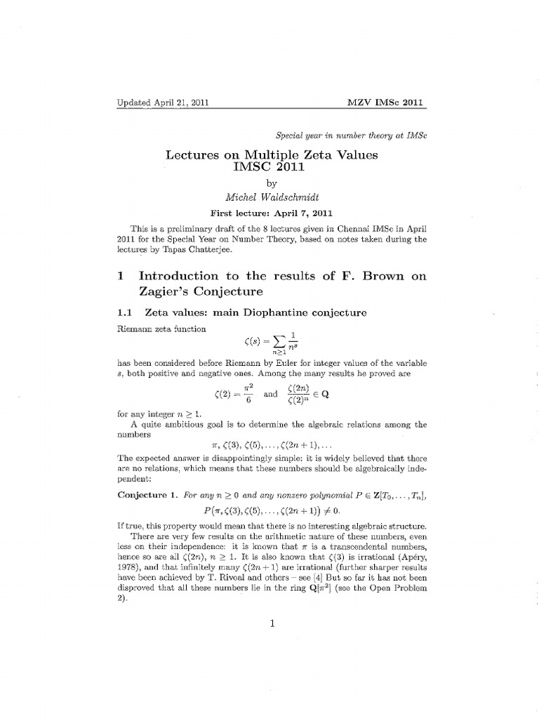 Waldschmidt M., Lectures On Multiple Zeta Values, INSC 2011 | PDF
