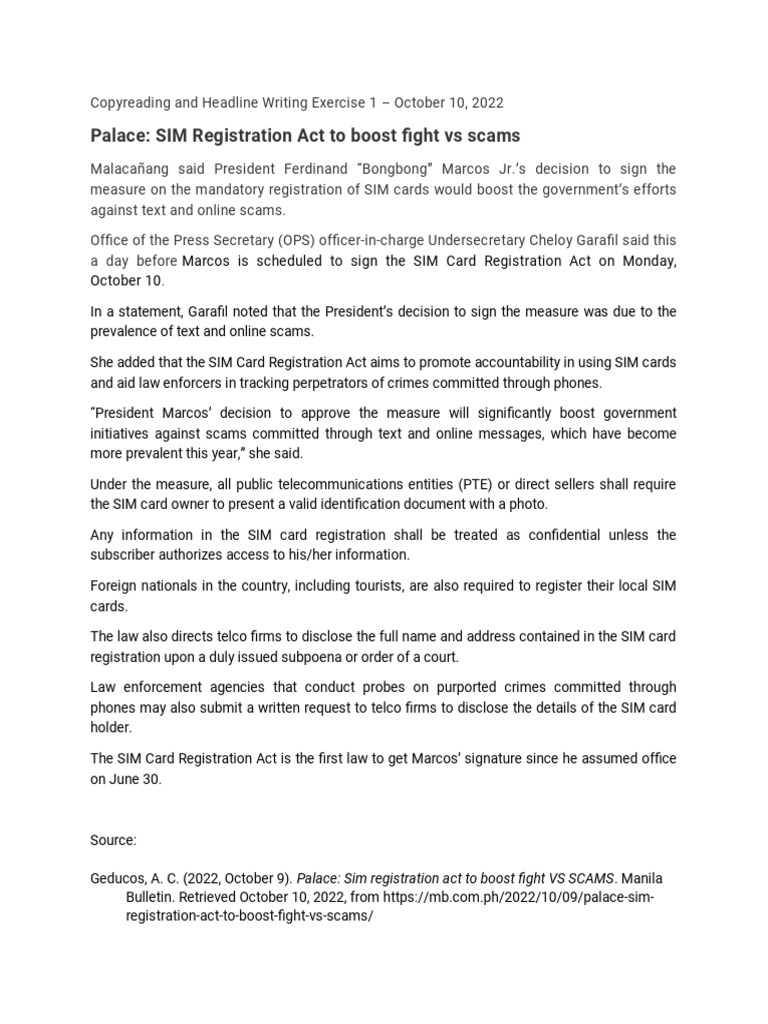 Palace: Marcos Signs SIM Registration Act to Boost Fight Against Text ...