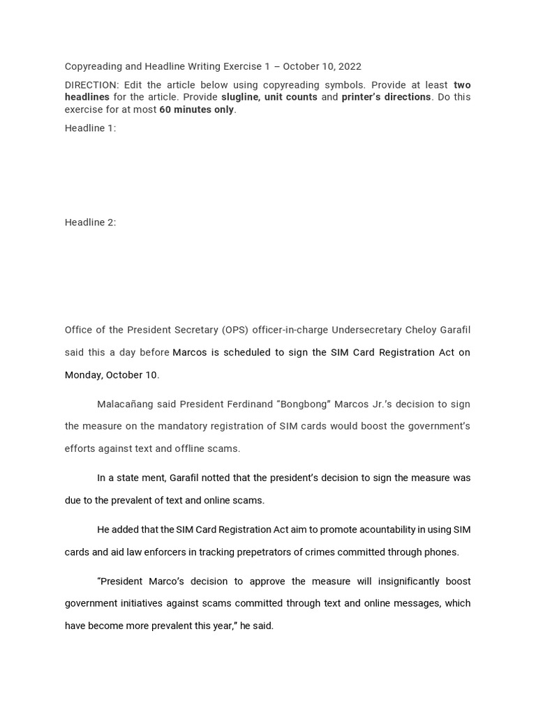 Copyreading and Headline Writing Exercise 1 | PDF