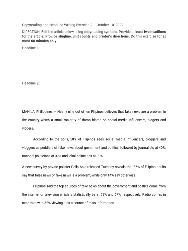 Copyreading and Headline Writing Exercise 2 | PDF | News | Philippines