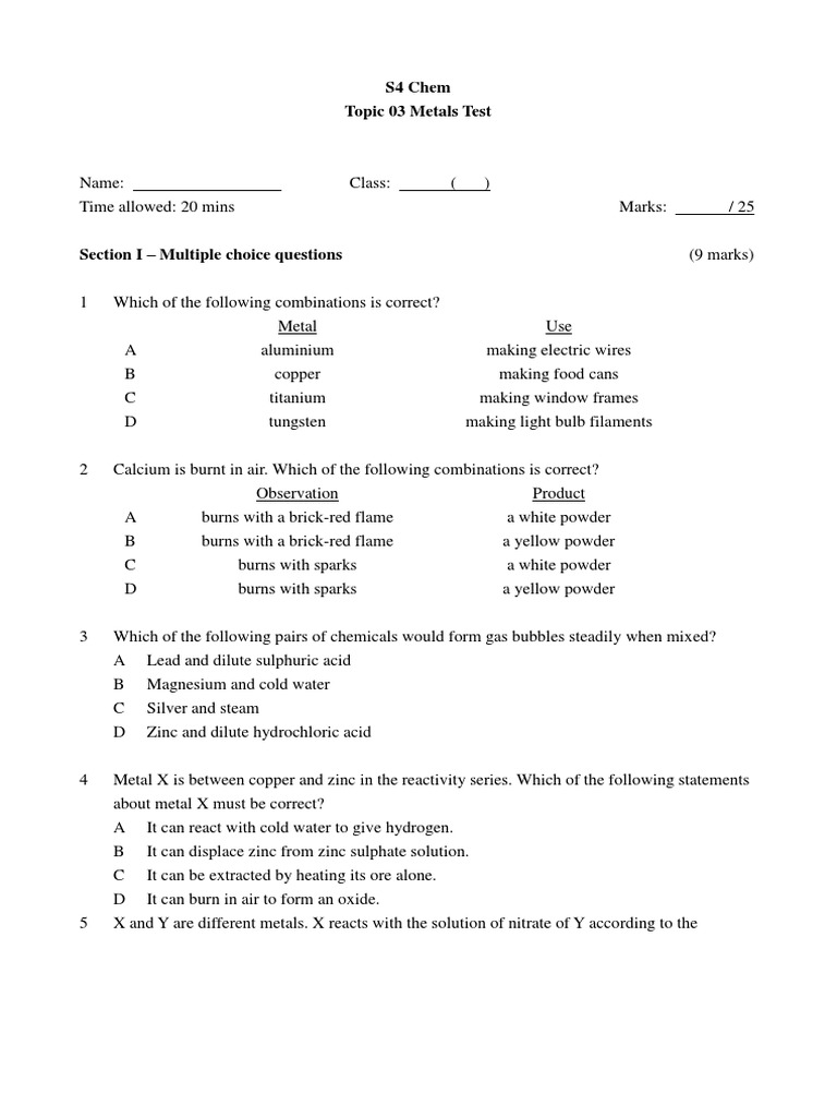 Test 2 Metal With Answer | PDF | Oxide | Zinc