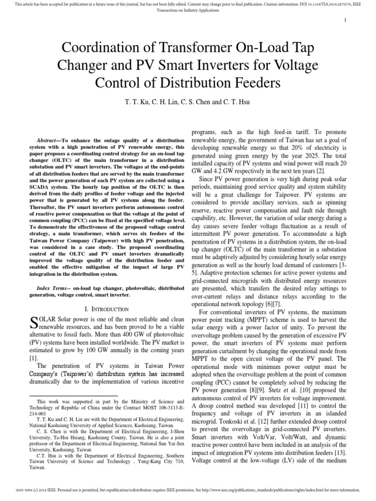 Coordination of Transformer On-Load Tap Changer and PV Smart Inverters For Voltage Control of ...