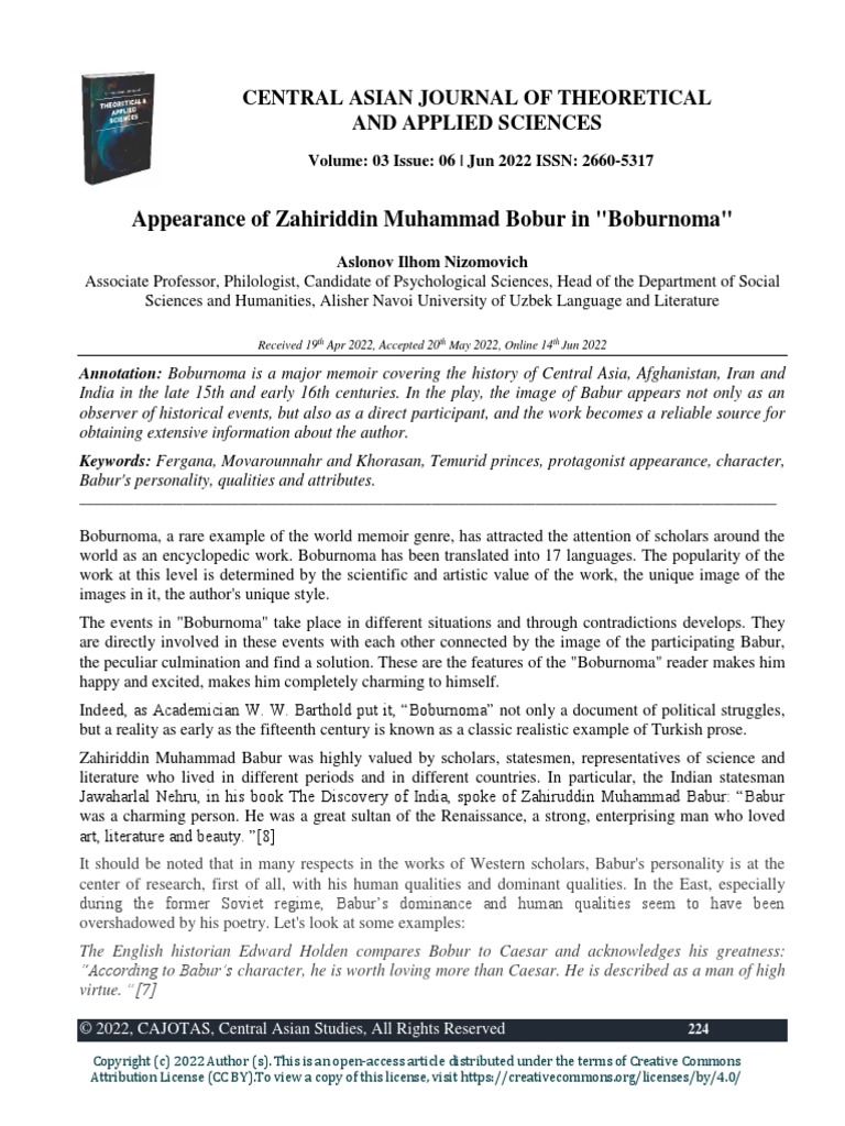 Appearance of Zahiriddin Muhammad Bobur in "Boburnoma" | PDF | Creative Commons | Psychology