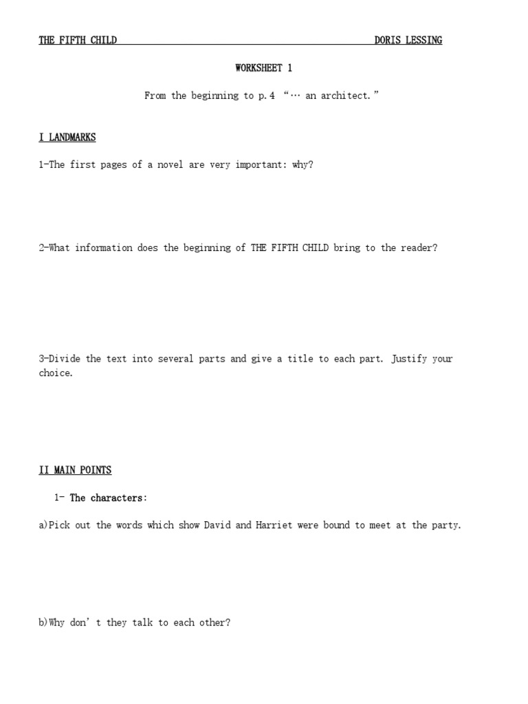 THE FIFTH CHILD WSHEET 1 Doris Lessing | PDF