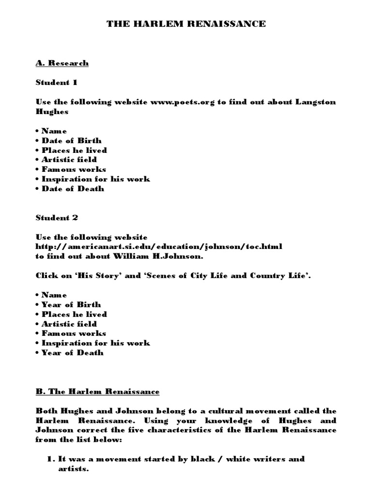 Harlem Renaissance Worksheet 1 | PDF | Harlem Renaissance | Paintings