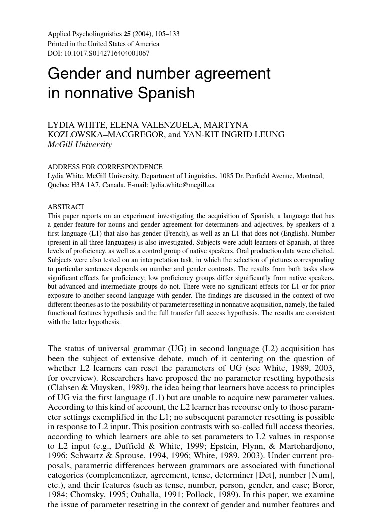 WHITE Et Al 2004 Gender-Number Agreement | PDF | Grammatical Gender ...