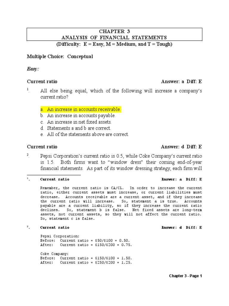 Analysis of Financial Statements (Difficulty: E Easy, M Medium, and T Tough) Multiple Choice ...