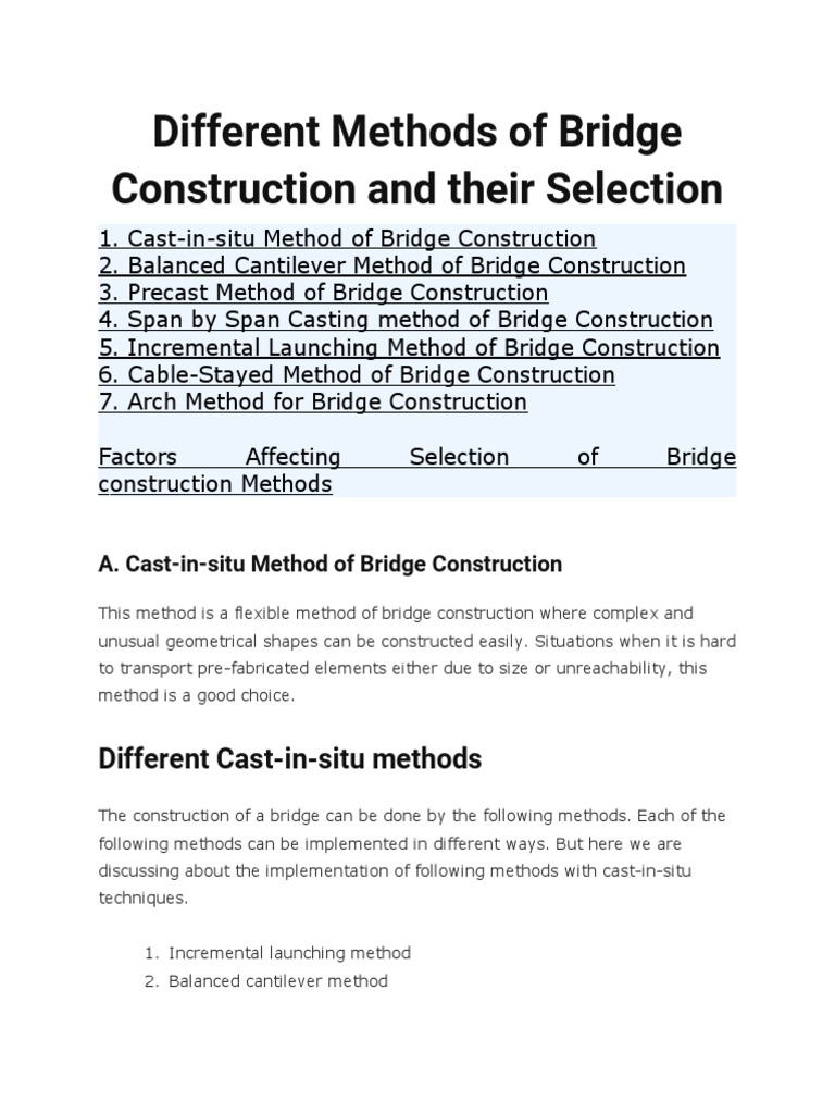 Different Methods of Bridge Construction and Their Selection (Printed ...