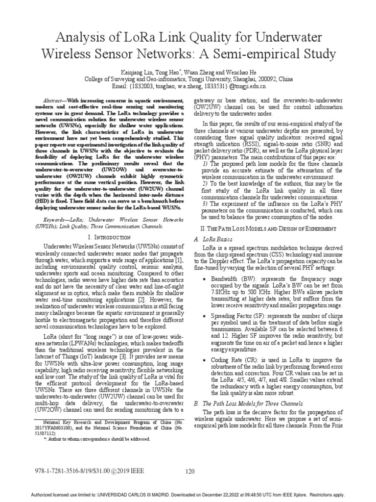 Analysis of LoRa Link Quality For Underwater Wireless Sensor Networks A ...