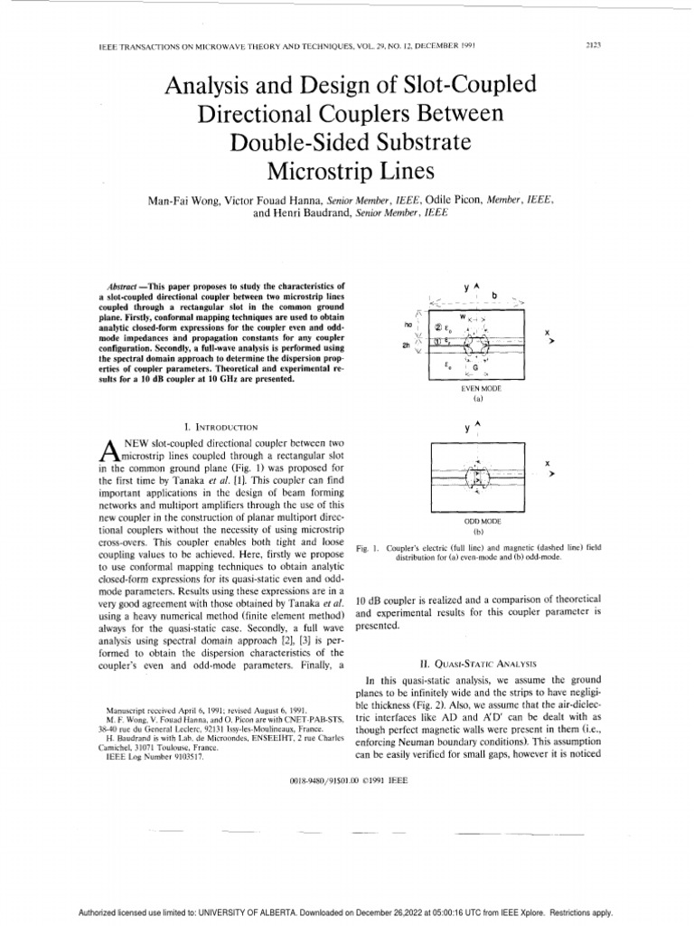 Analysis And Design Of Slot Coupled Directional Couplers Between Double