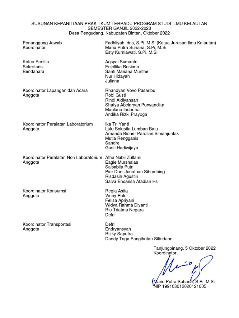 Susunan Kepanitiaan Praktikum Terpadu Semester Ganjil 2022-2023 | PDF