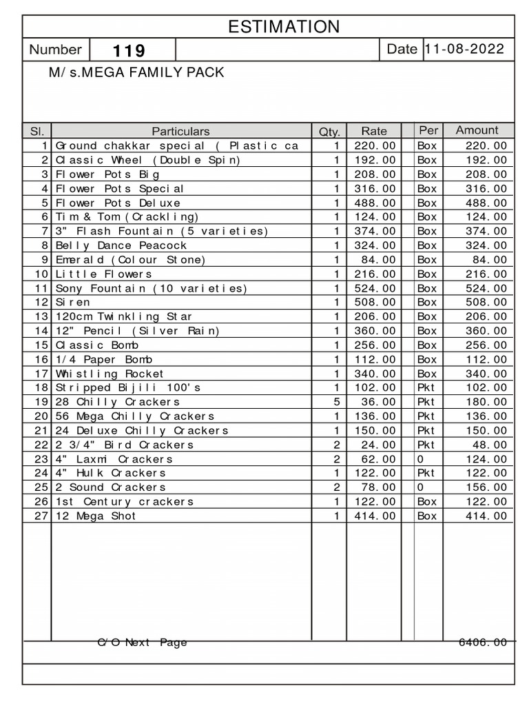 MEGA FAMILY PACK FIREWORKS ESTIMATION | PDF
