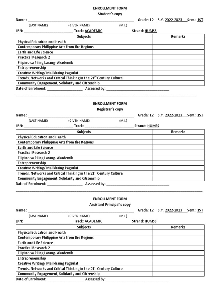 Grade 12 HUMSS - ENROLLMENT FORM S.Y. 2022 2023 | PDF | Cognition | Science