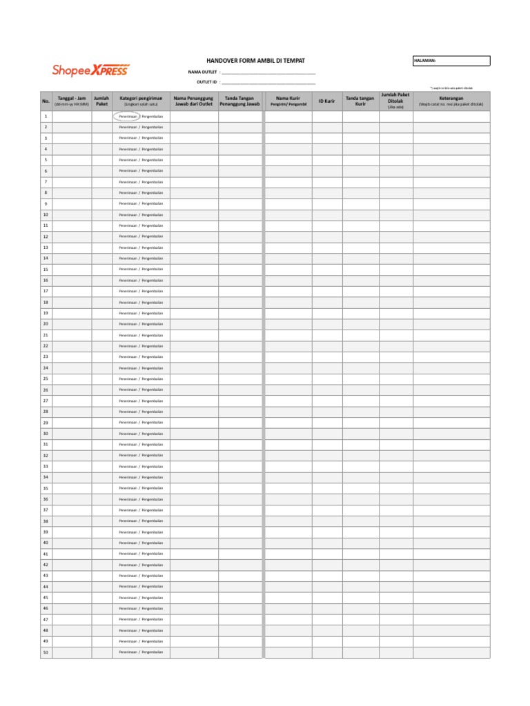 Formulir Handover Paket J&T dan Shopee | PDF