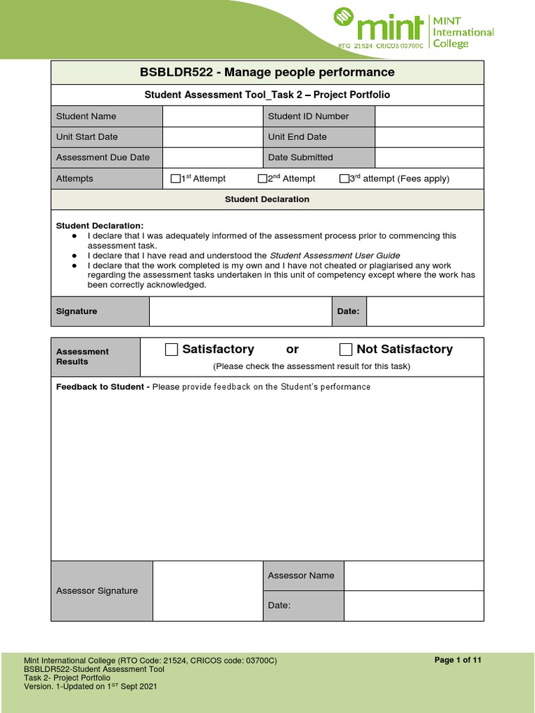 BSBLDR522 SAT - Task 2 - Project Portfolio (Ver. 1) | PDF | Educational Assessment | Risk Management