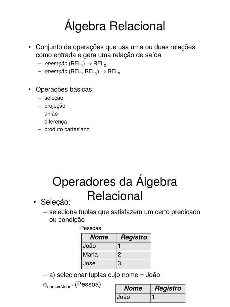 Banco de Dados - EP - Aula 03 - Álgebra Relacional | PDF | SQL ...