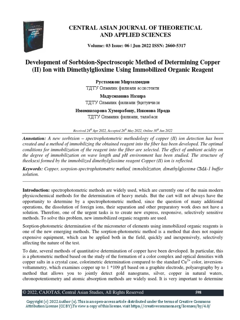 Development of Sorbtsion-Spectroscopic Method of Determining Copper (II) Ion With ...
