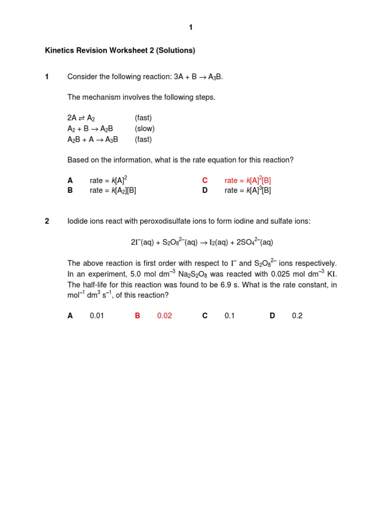 Kinetics Revision Worksheet 2 (Solutions) | PDF | Reaction Rate ...