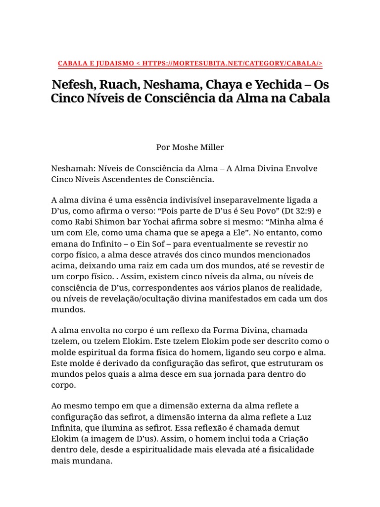 Nefesh, Ruach, Neshama, Chaya e Yechida Os Cinco Níveis de Consciência ...
