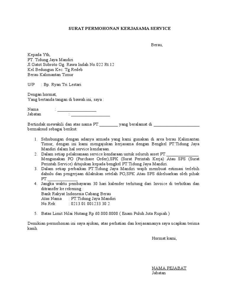 Surat Permohonan Kerjasama Service | PDF