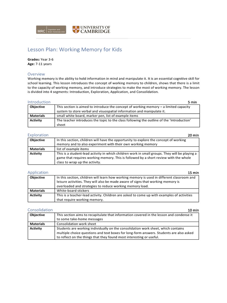 WorkingMemory For Kids | PDF | Memory | Working Memory