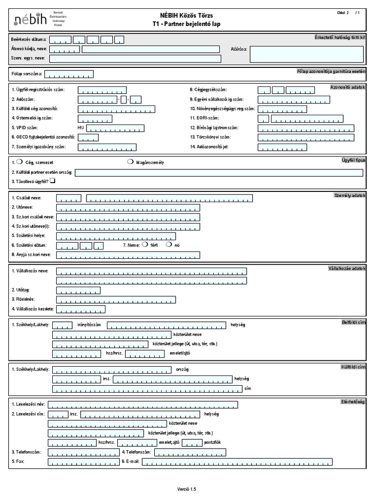 NÉBIH Közös Törzs T1 - Partner Bejelentő Lap | PDF