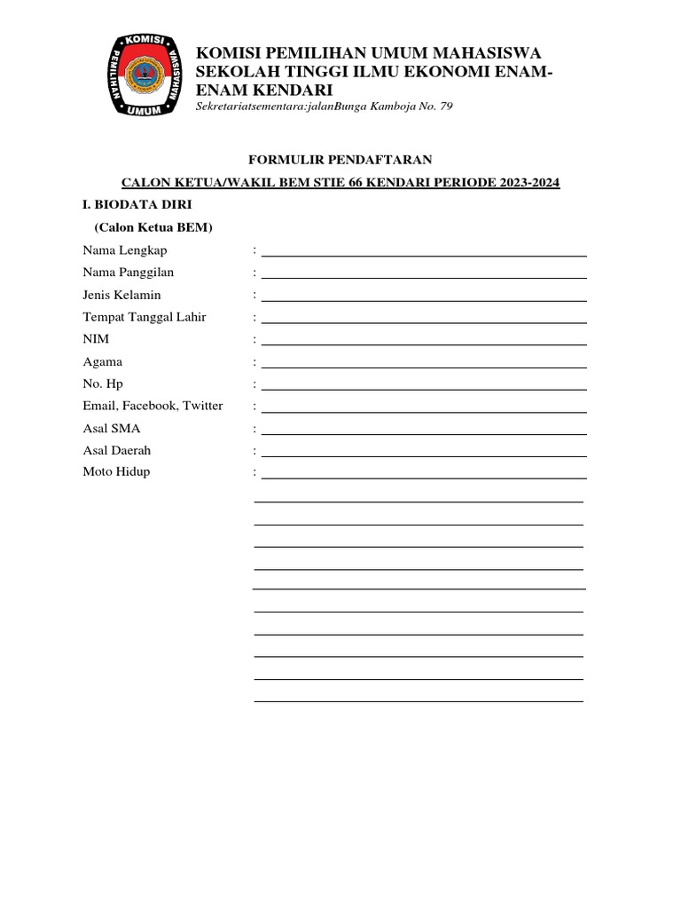 Formulir Paslon Bem 2022 2023 | PDF