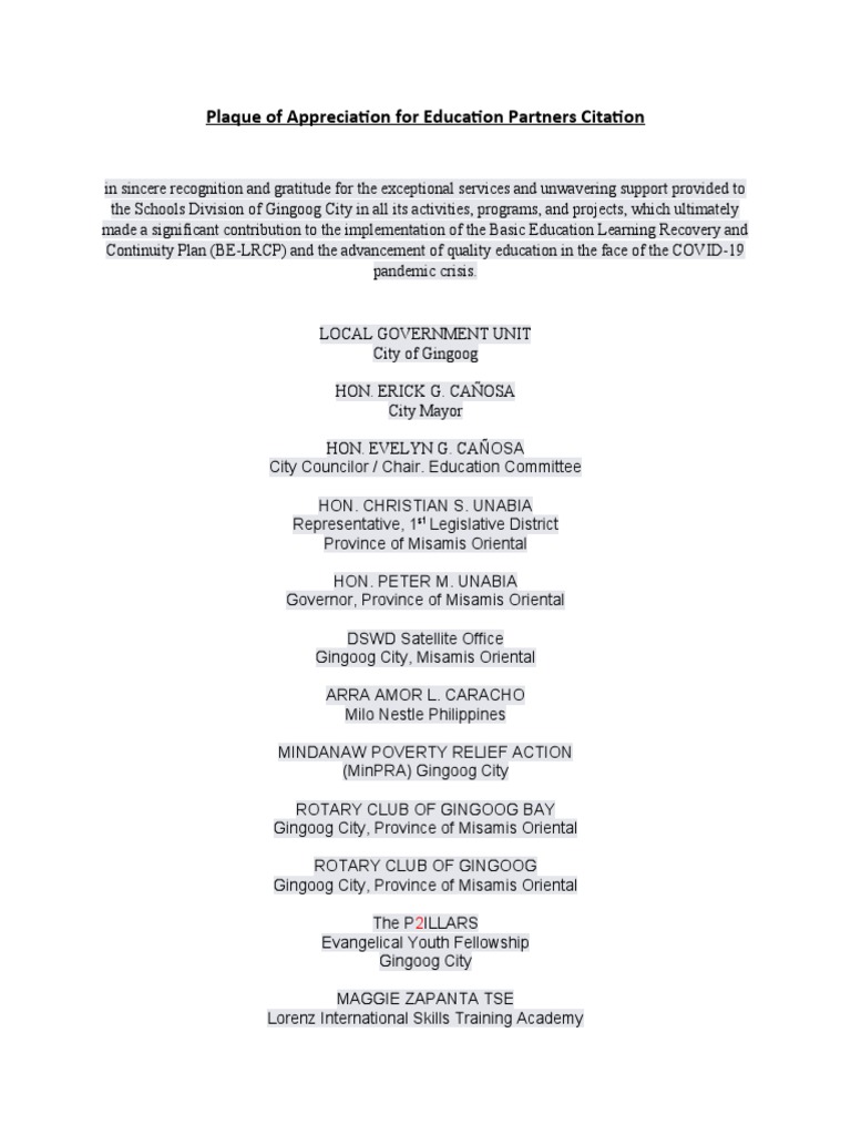 Plaque of Appreciation For Education Partners Citation | PDF