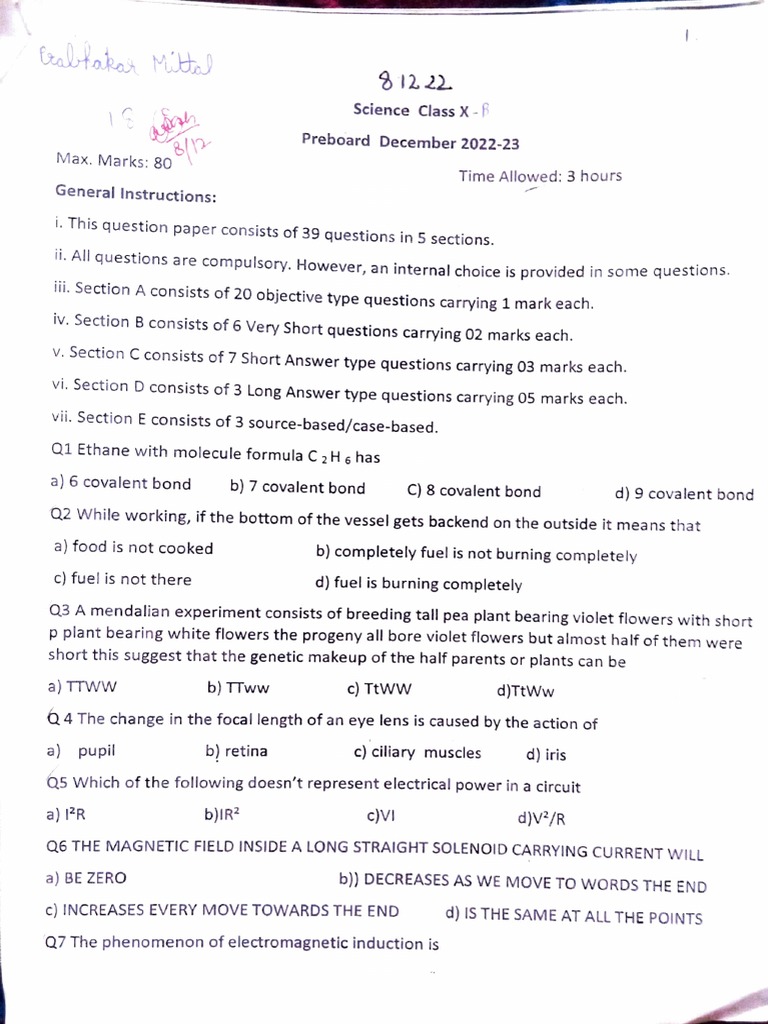 Science Pre Board Question Paper | PDF | Electromagnetic Induction ...