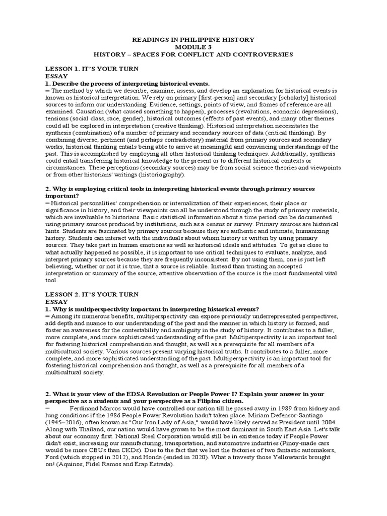 Readings in Philippine History - Module 3 - History - Spaces For Conflict and Controversies ...