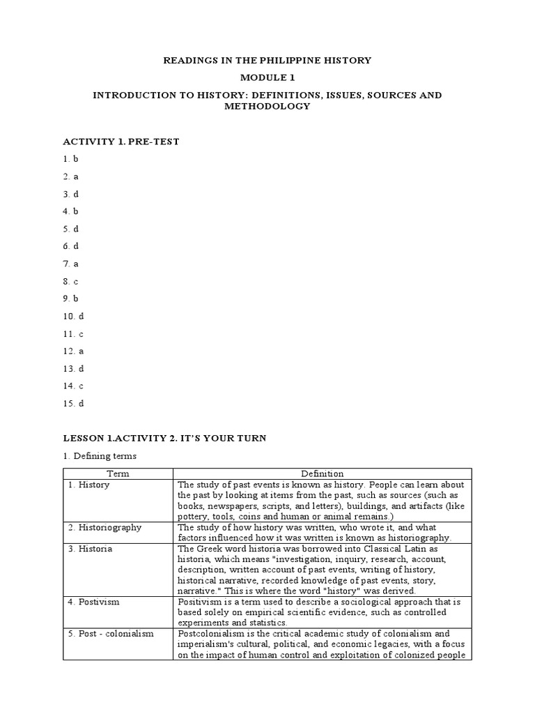 Readings in Philippine History - Module 1 - Introduction To History - Definitions, Issues ...