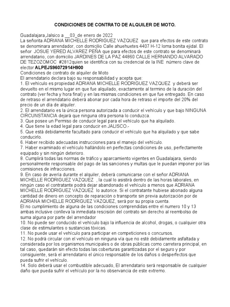 Condiciones de Contrato de Alquiler de Moto..... | PDF | Póliza de seguros