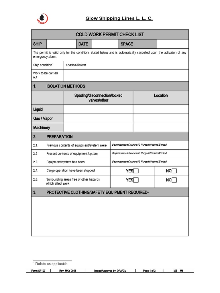 SF107 Cold Work Permit | Download Free PDF | Equipment | Manufactured Goods