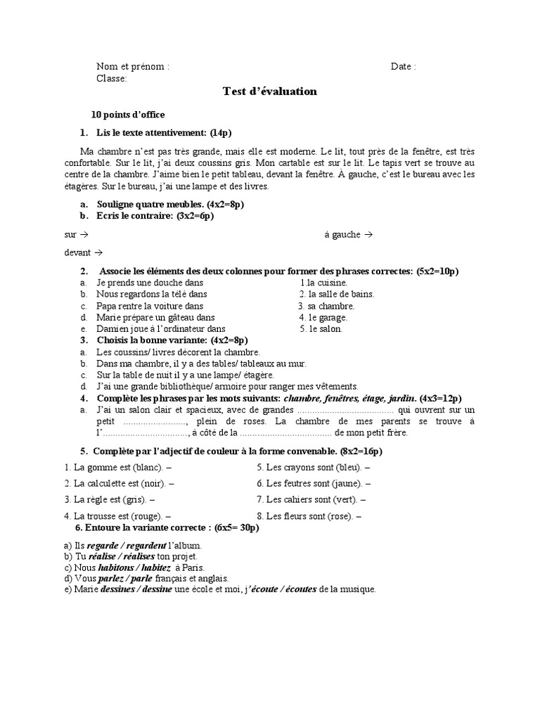 Test d'évaluation de français A1 | PDF | Méthodes et références ...