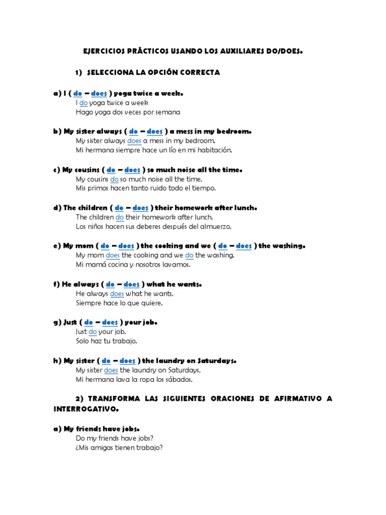 Ejercicios Prácticos Usando Los Auxiliares Do Y Does | PDF