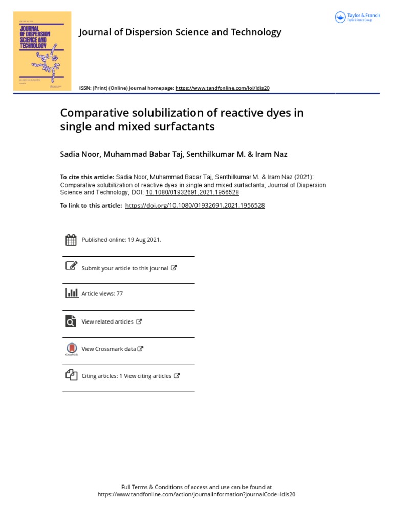 Comparative Solubilization of Reactive Dyes in Single and Mixed ...