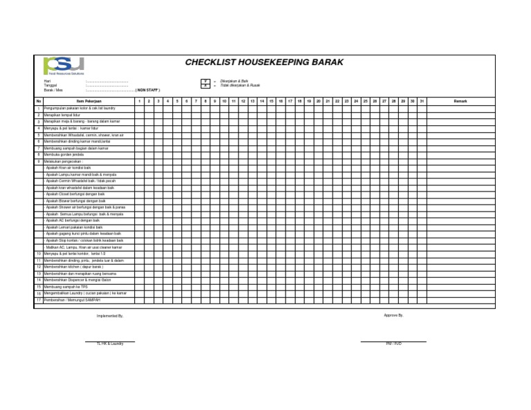 Form - Checklist TL Housekeeping | PDF