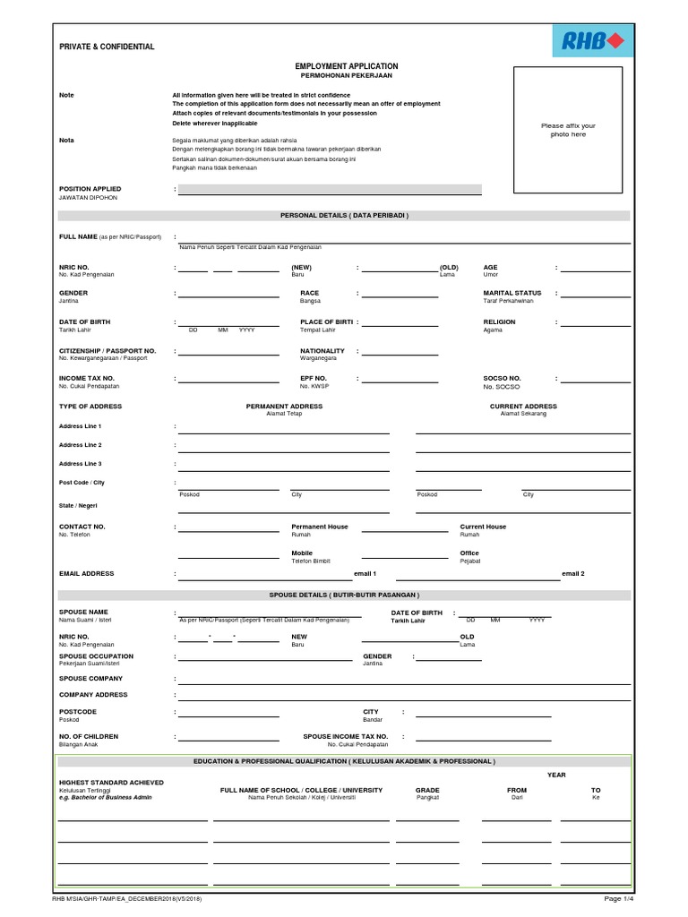 RHB Malaysian Employment Application Form | PDF | Banking | Business