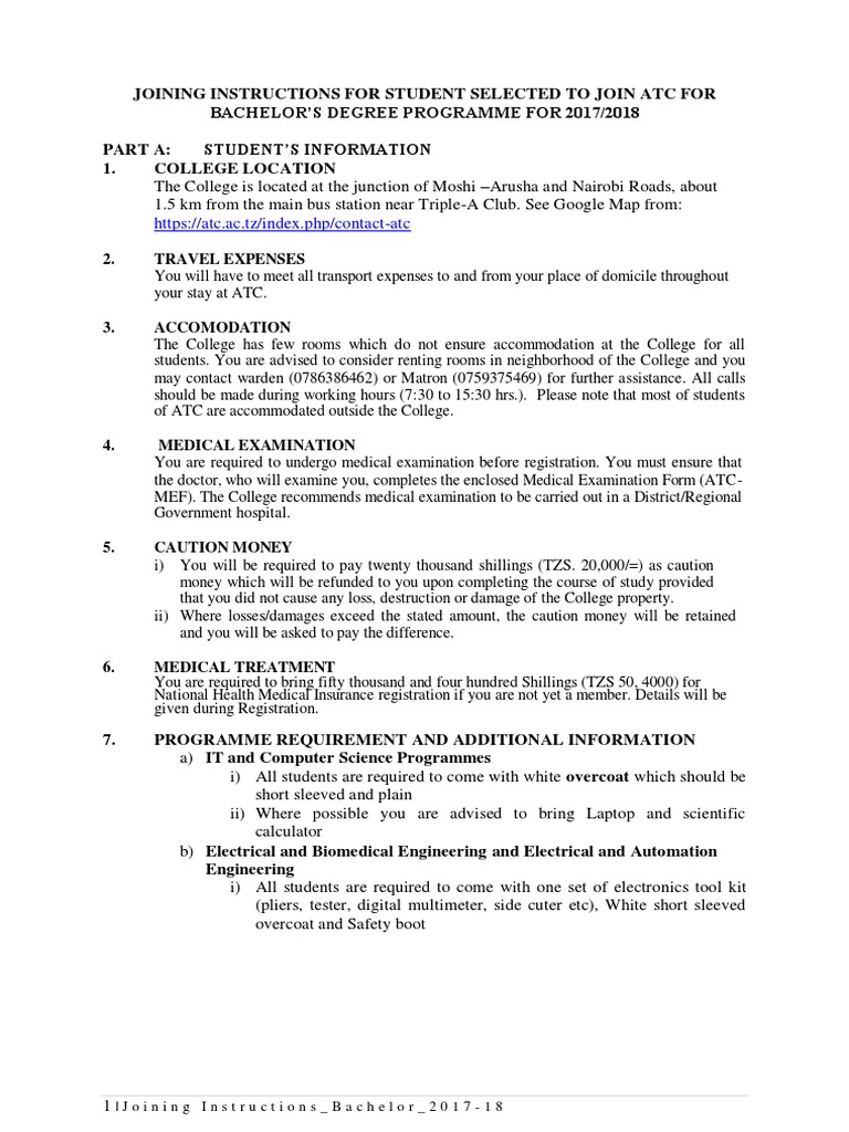 Arusha Technical College Joining Instructions 2025 | PDF | Fee | College