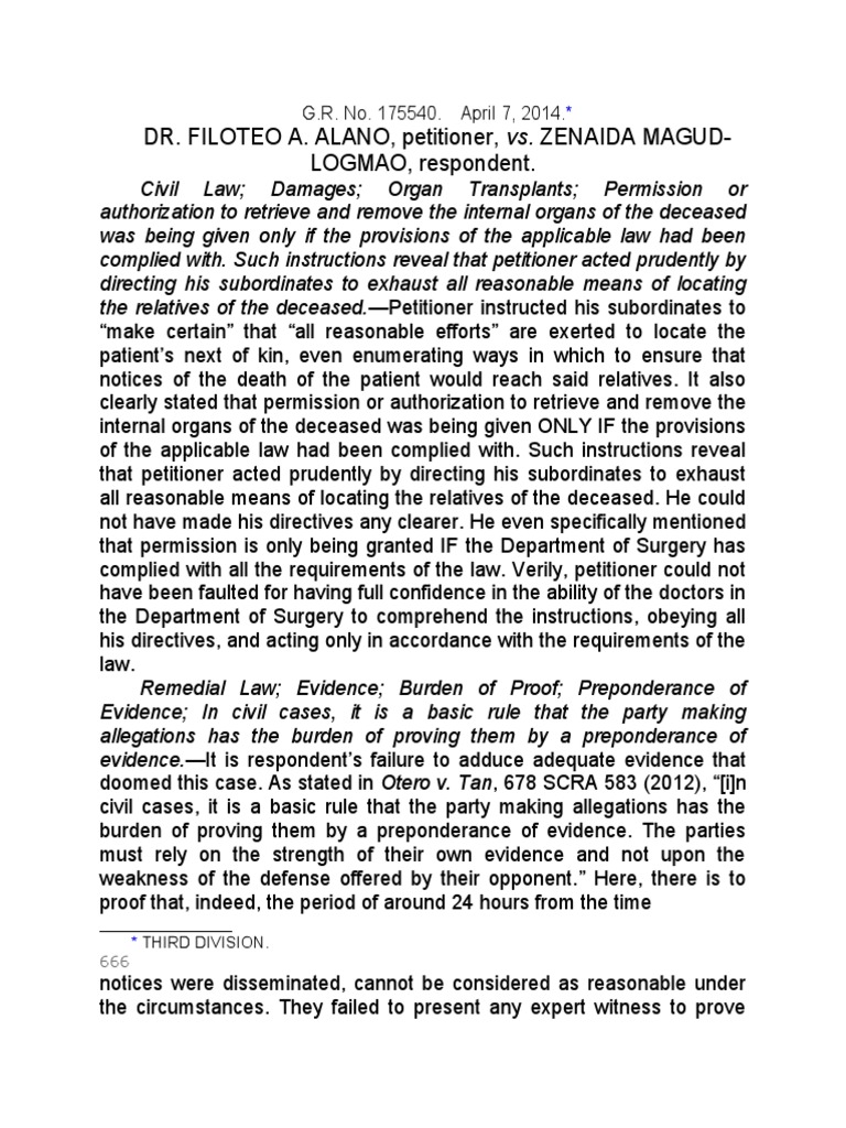 DR. FILOTEO A. ALANO, Petitioner, vs. ZENAIDA MAGUD-LOGMAO, Respondent ...