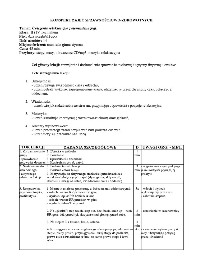 Konspekt - Cwiczenia Relaksacyjne Z Elementami Jogi | PDF