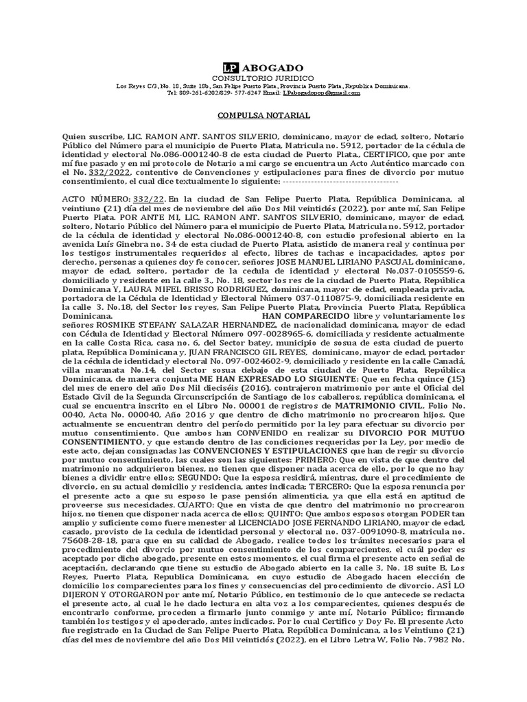 Compulsa Divorcio Mutuo | PDF | Divorcio | República Dominicana