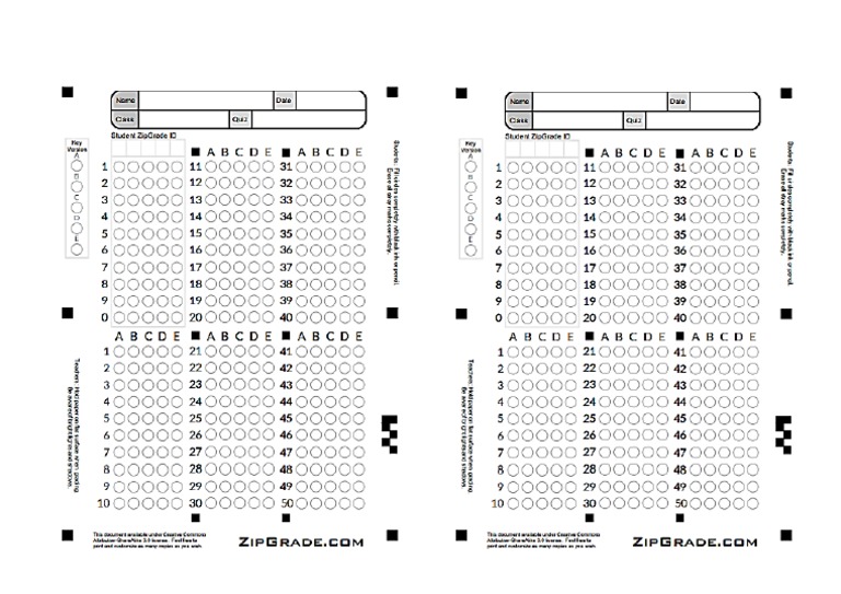 Zipgrade 50 Question Form | PDF