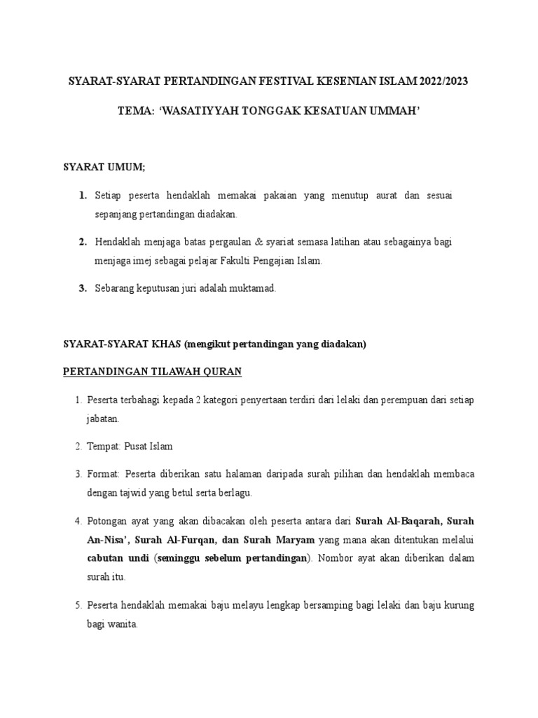 Syarat Pertandingan Festival Kesenian Islam | PDF
