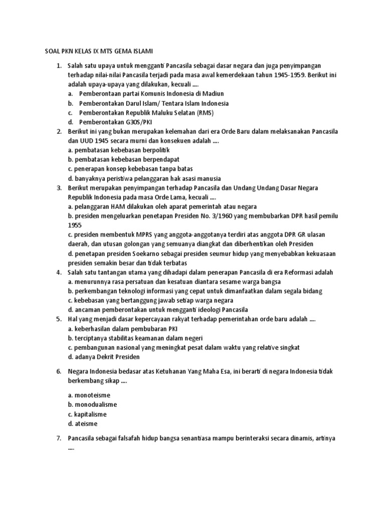 Soal PKN Kelas Ix MTS Gema Islami | PDF