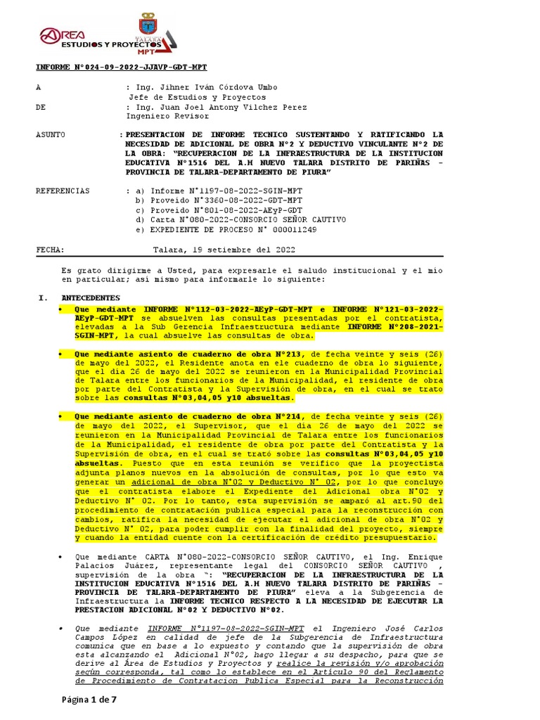 Informe N°024-09-2022-Aeyp-Mpt - Presentacion de Informe Tecnico de Adicional N°2 y Deductivo ...