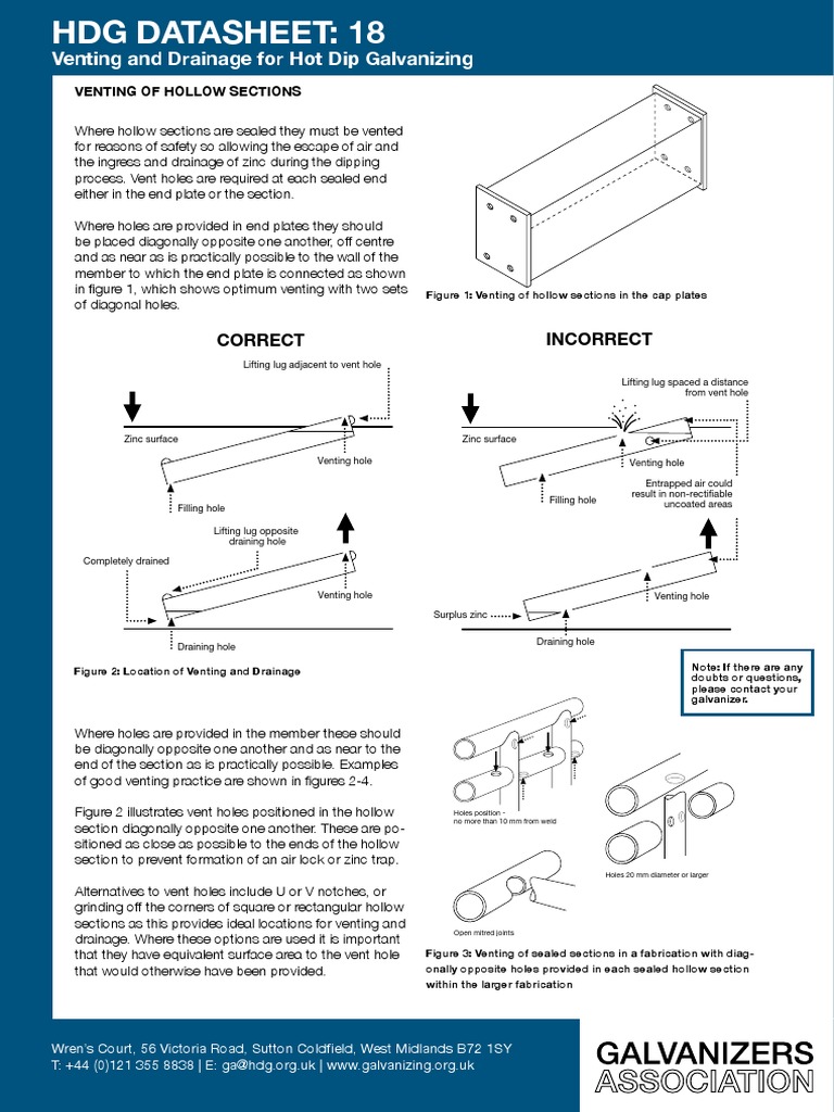 HDG Datasheet 18 - Venting and Drainage For Hot Dip Galvanizing | PDF | Galvanization | Drilling