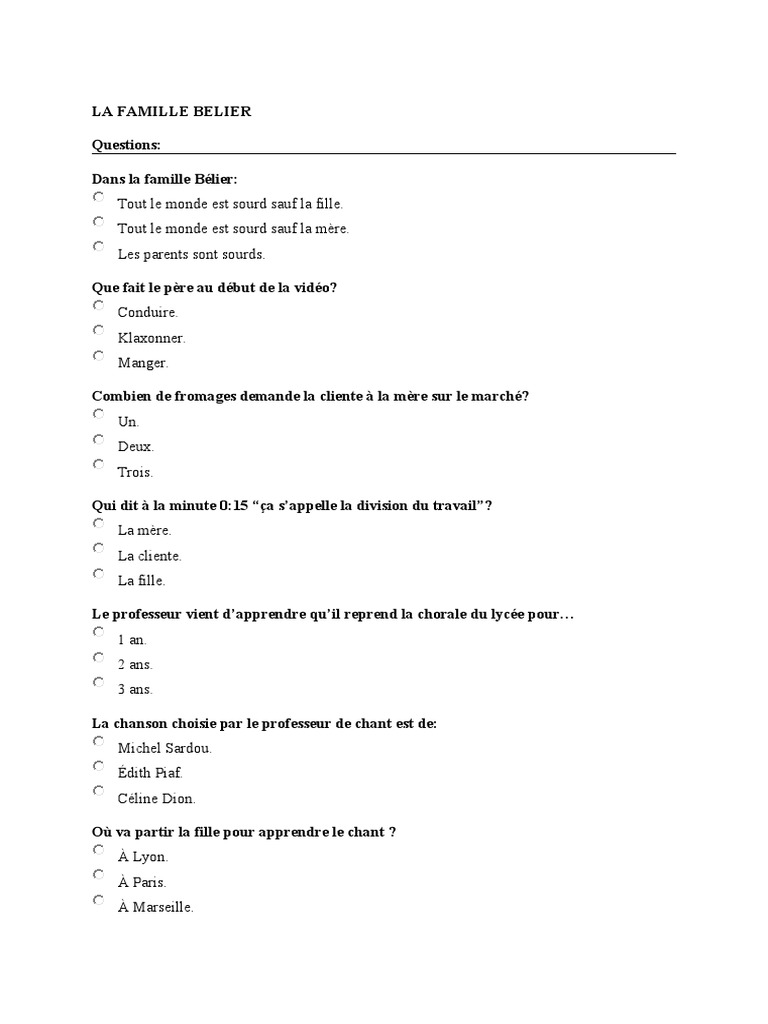 La Famille Bélier : Résumé et Questions | PDF