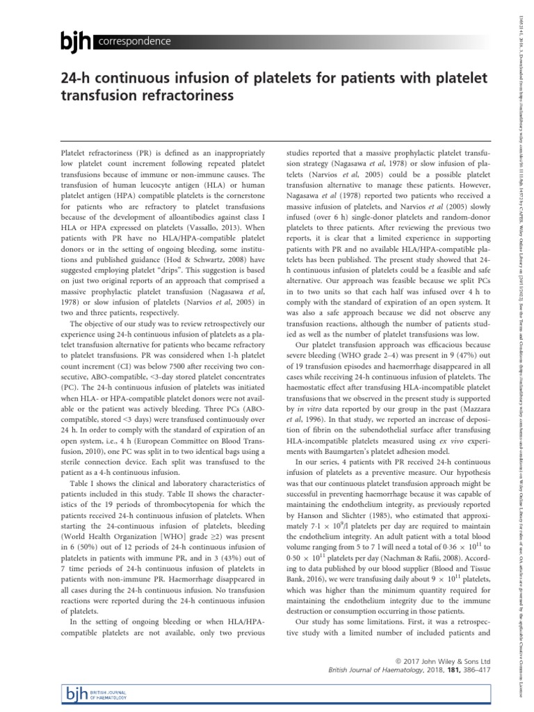 24-h Continuous Infusion of Platelets For Patients With Platelet ... 24-h Continuous Infusion of Platelets For Patients With Platelet ...