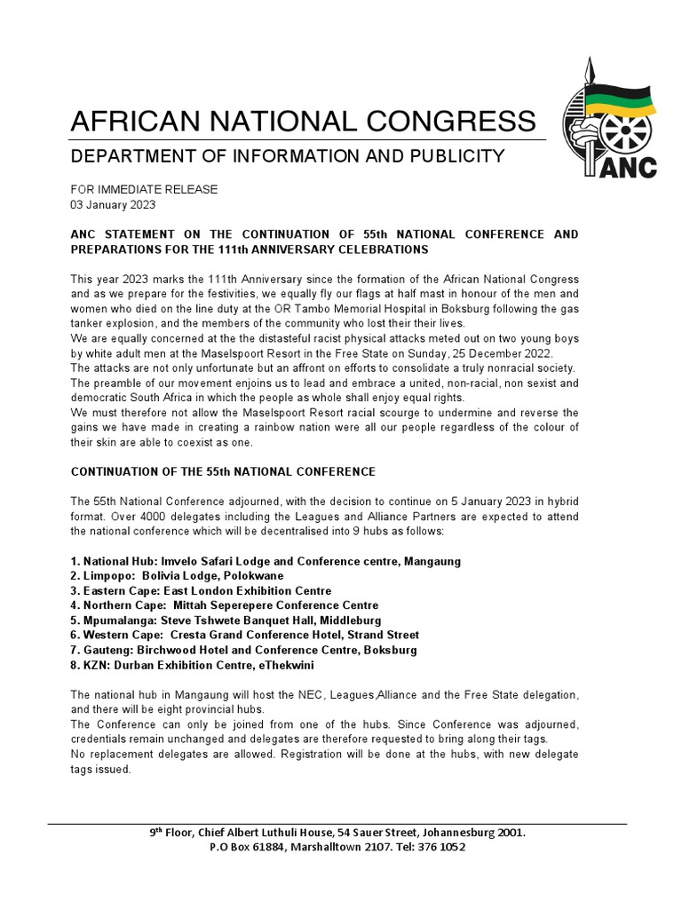 Anc Statement On The Continuation of 55th National Conference and ...